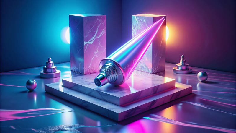 Enthralling 3D Floating Objects Illuminated by Neon Lights on a Polished Marble Platform a ...