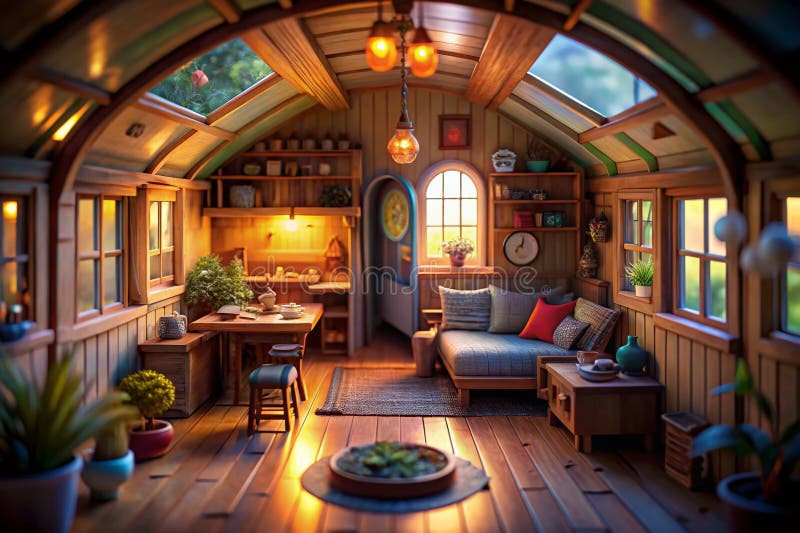 Enthralling TiltShift Perspective of a Miniature Wooden Tiny House Interior Exquisite Detail and ...