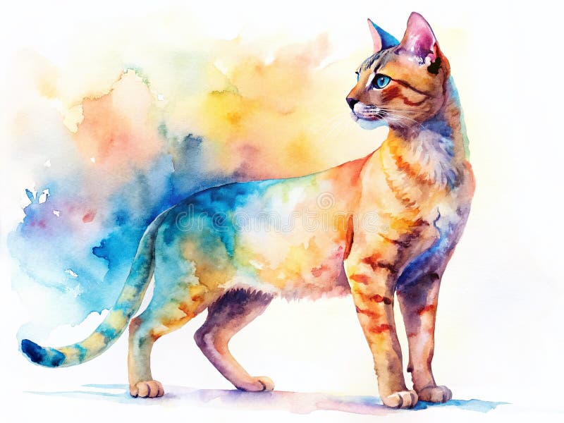 Enthralling Watercolor Painting of a Curious Cat Panoramic Stock Image ...