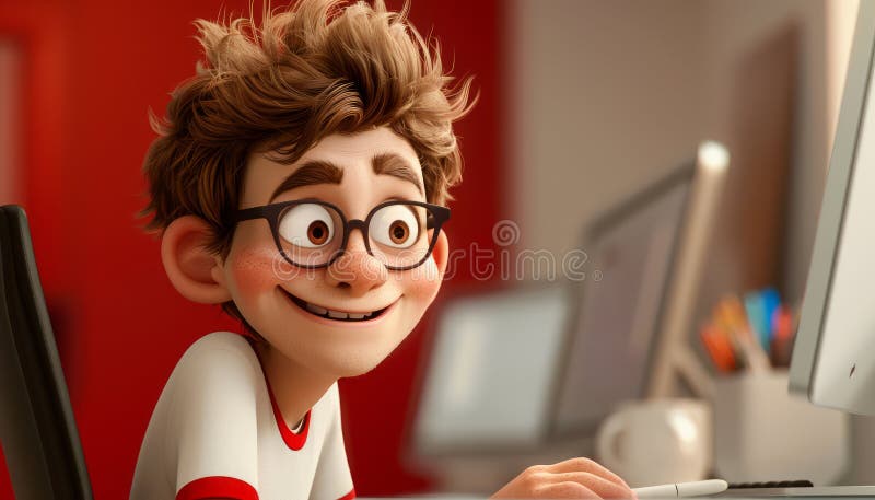 Enthusiastic Cartoon Character with Glasses Using Computer in Modern ...