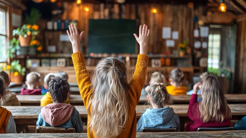 Enthusiastic Children in Classroom Raise Hands for Learning and ...
