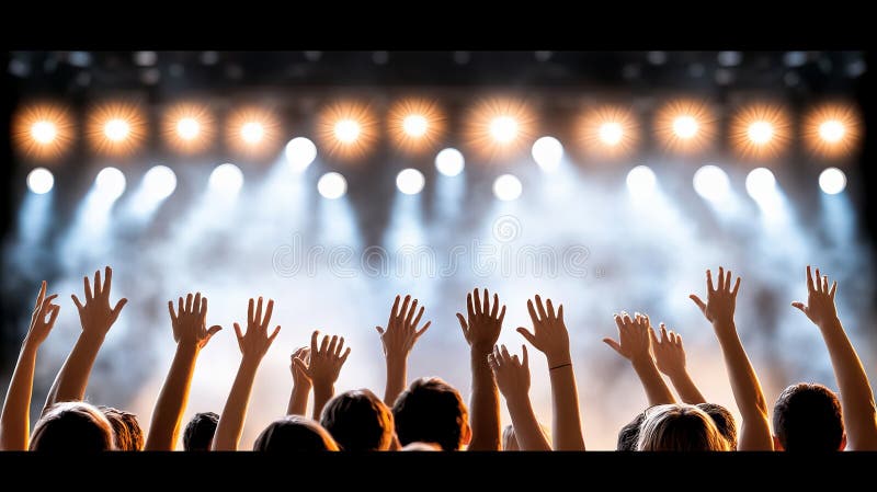 Enthusiastic Crowd at Concert with Raised Hands Under Bright Stage ...