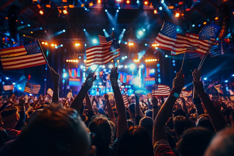 Enthusiastic Crowd Waving American Flags at Concert Stock Illustration ...