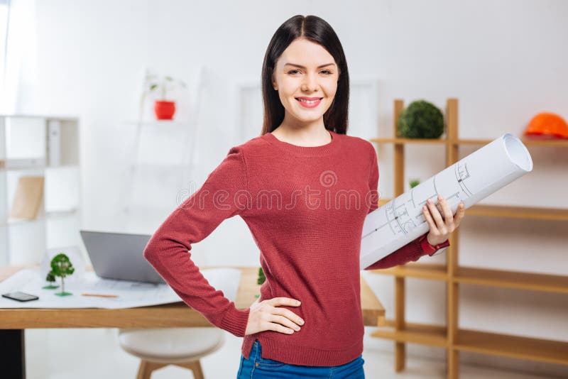 Enthusiastic Engineer Standing with a Ready Drawing and Smiling Stock ...