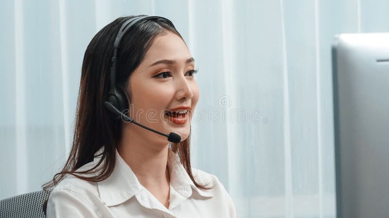 Enthusiastic Female Operator Provide Helpful Customer Service To ...