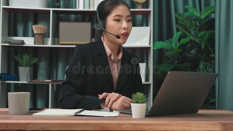 Enthusiastic Female Operator Provide Helpful Customer Service To ...