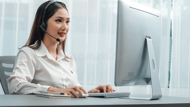 Enthusiastic Female Operator Provide Helpful Customer Service To ...