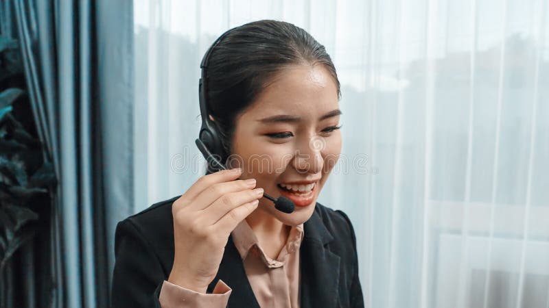 Enthusiastic Female Operator Provide Helpful Customer Service To ...