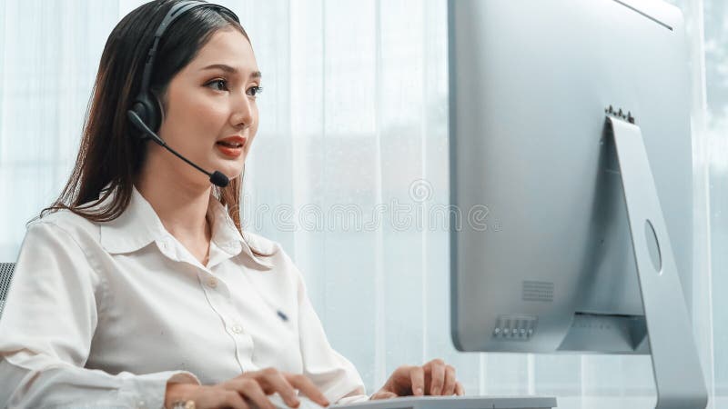 Enthusiastic Female Operator Provide Helpful Customer Service To ...