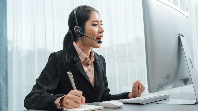 Enthusiastic Female Operator Provide Helpful Customer Service To ...