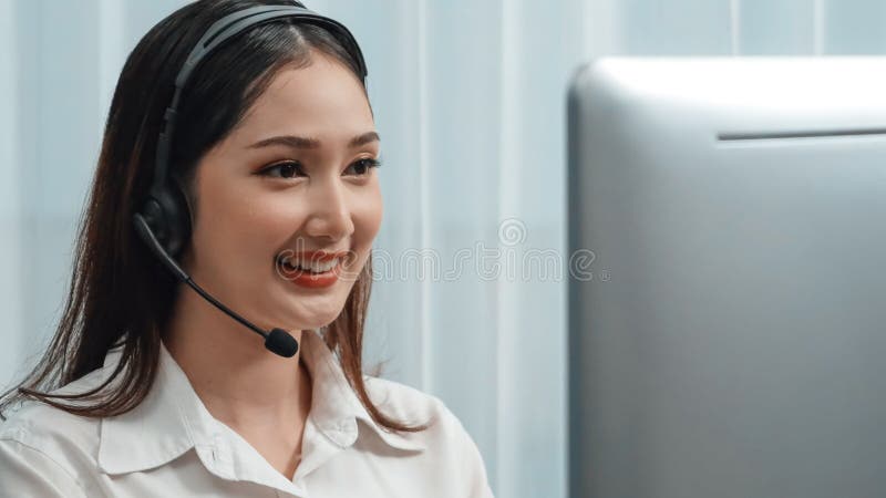 Enthusiastic Female Operator Provide Helpful Customer Service To ...