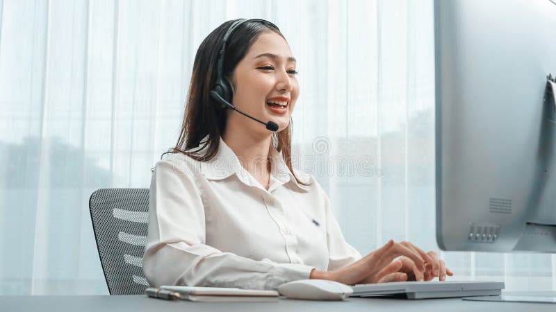 Enthusiastic Female Operator Provide Helpful Customer Service To ...