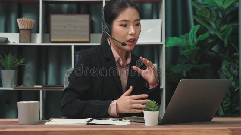 Enthusiastic Female Operator Provide Helpful Customer Service To ...