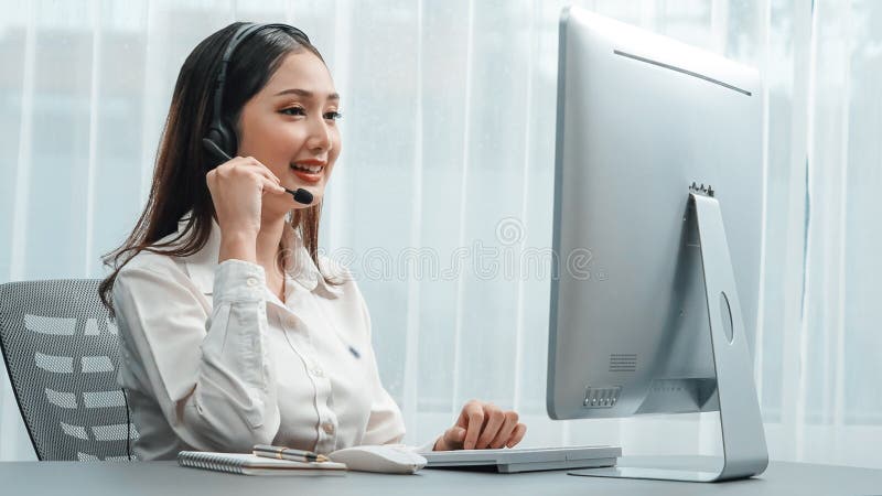 Enthusiastic Female Operator Provide Helpful Customer Service To ...
