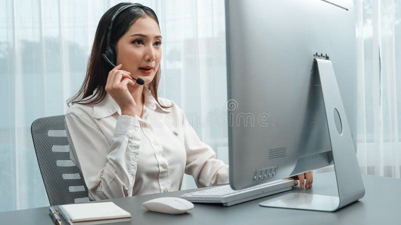 Enthusiastic Female Operator Provide Helpful Customer Service To ...