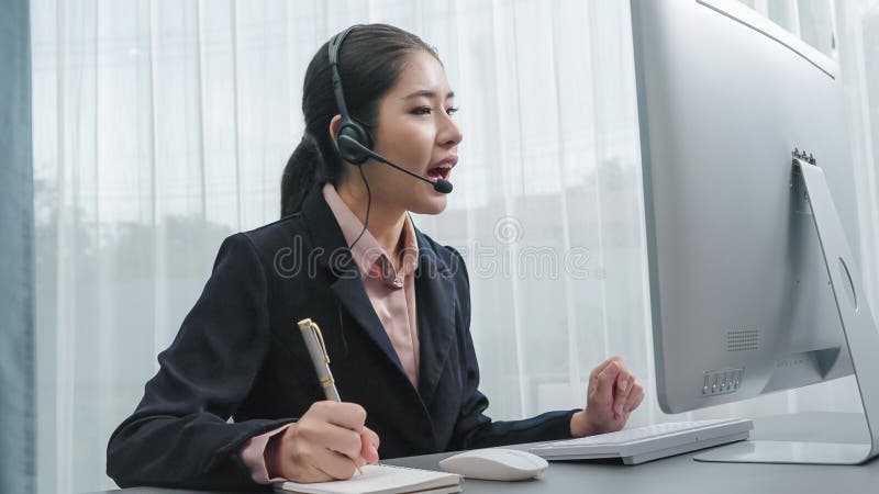 Enthusiastic Female Operator Provide Helpful Customer Service To ...