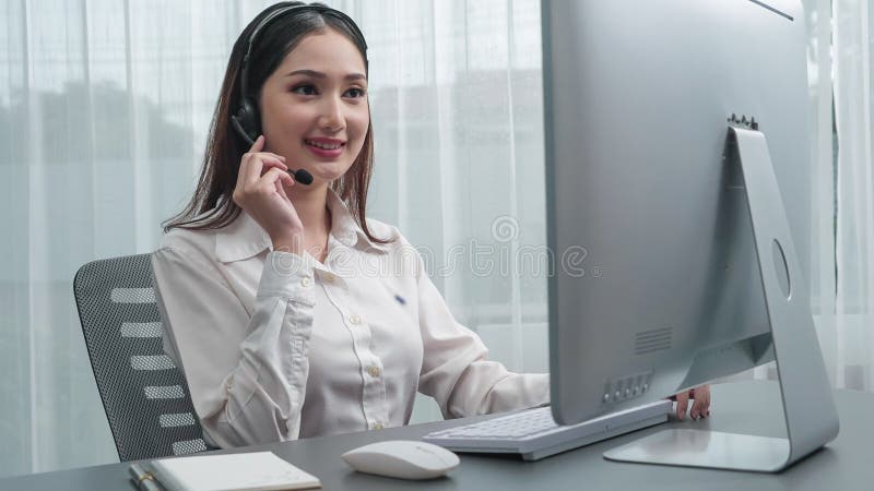 Enthusiastic Female Operator Provide Helpful Customer Service To ...