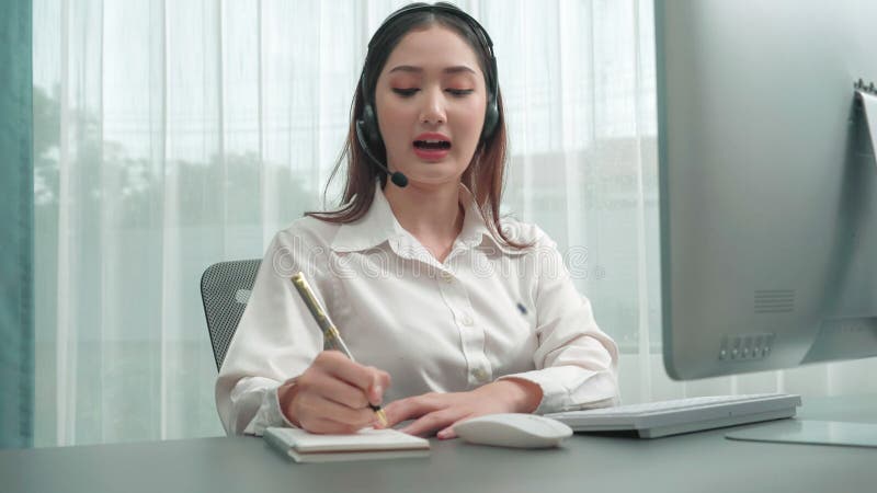 Enthusiastic Female Operator Provide Helpful Customer Service To Customer. Stock Image - Image ...