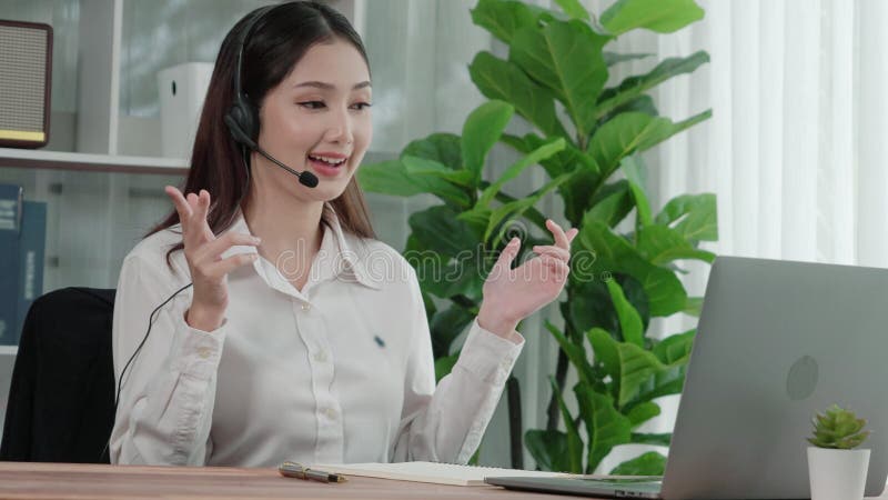 Enthusiastic Female Operator Provide Helpful Customer Service To ...