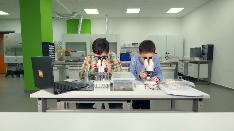 School Child Looking into Microscope Doing a Science Experiment in ...
