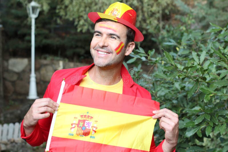 Enthusiastic Spanish Man Waving the National Flag Stock Image - Image ...