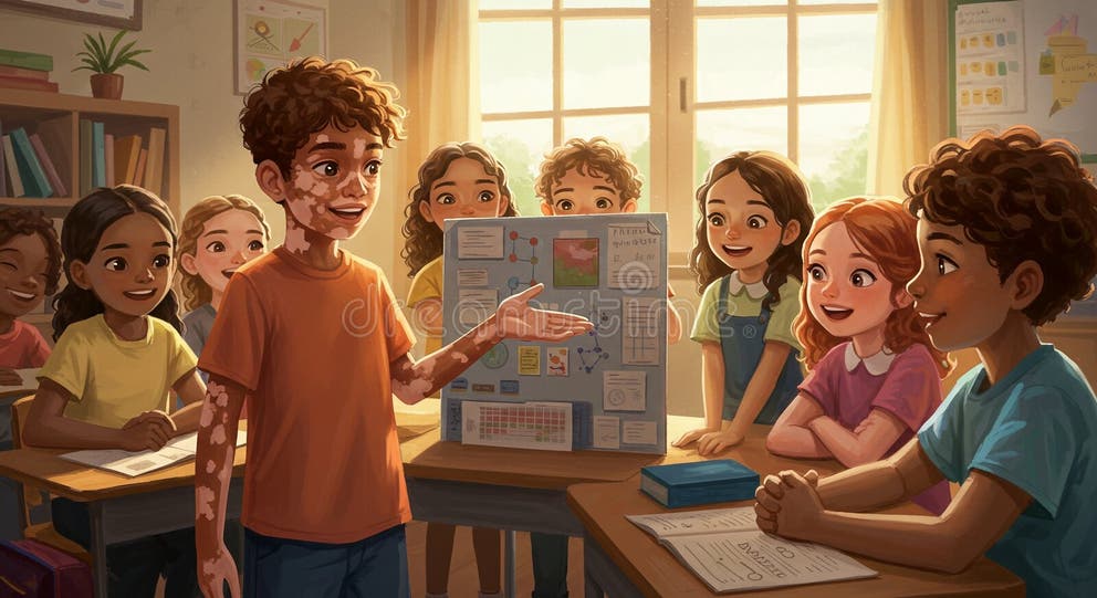 Enthusiastic Student Presenting Science Fair Project To Classmates in a ...