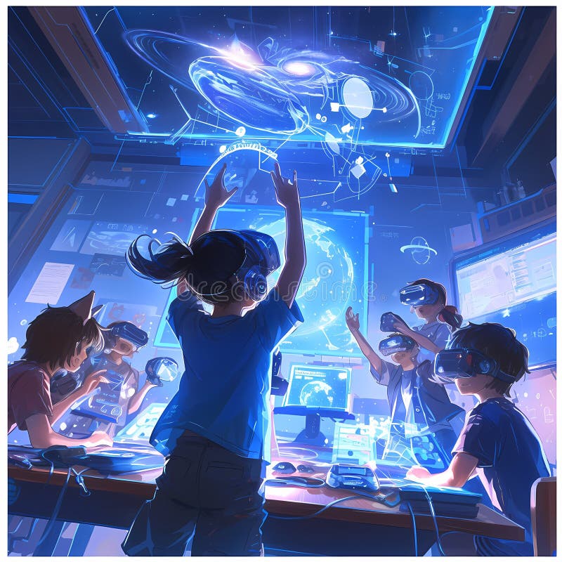 Enthusiastic Students Explore Space in High-Tech Classroom Stock ...