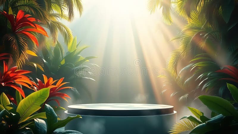 Enticing Circular Stage Design with Tropical Foliage and Light Rays a ...