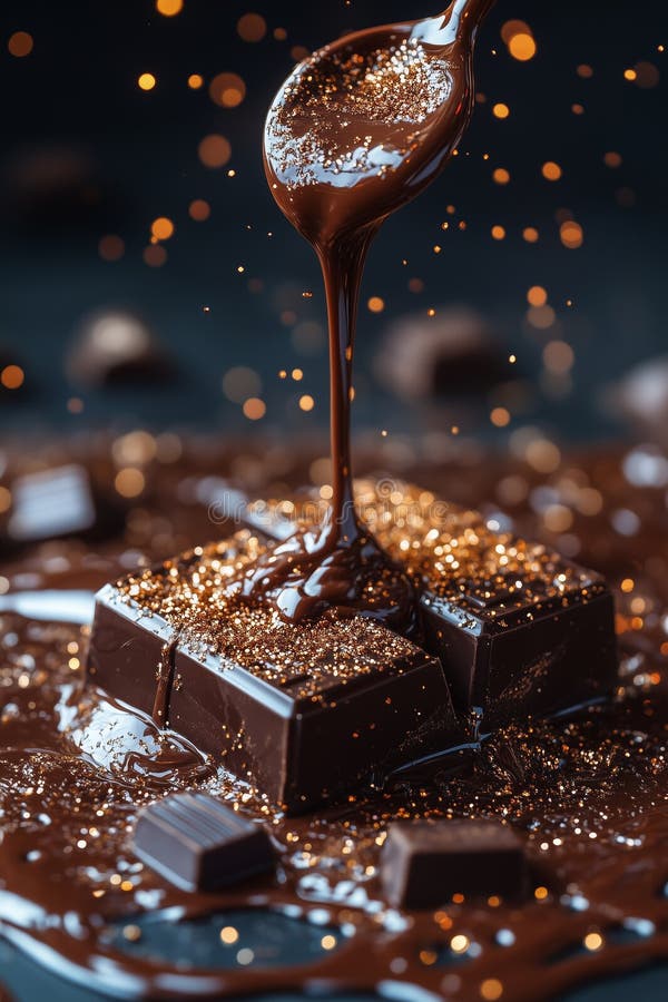 Close-up of Rich Dark Chocolate with a Glossy Drizzle and Sparkles ...