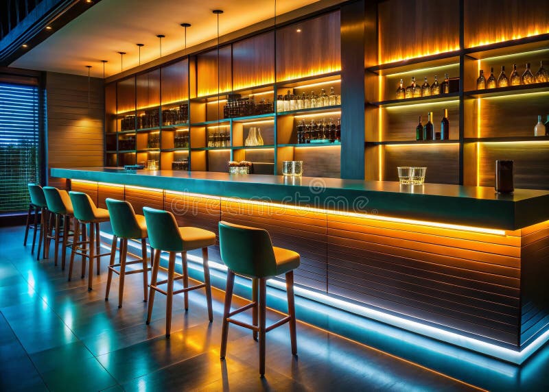 Enticing Empty Hotel Cafe Bar at Night Long Counter Dramatic Lighting ...