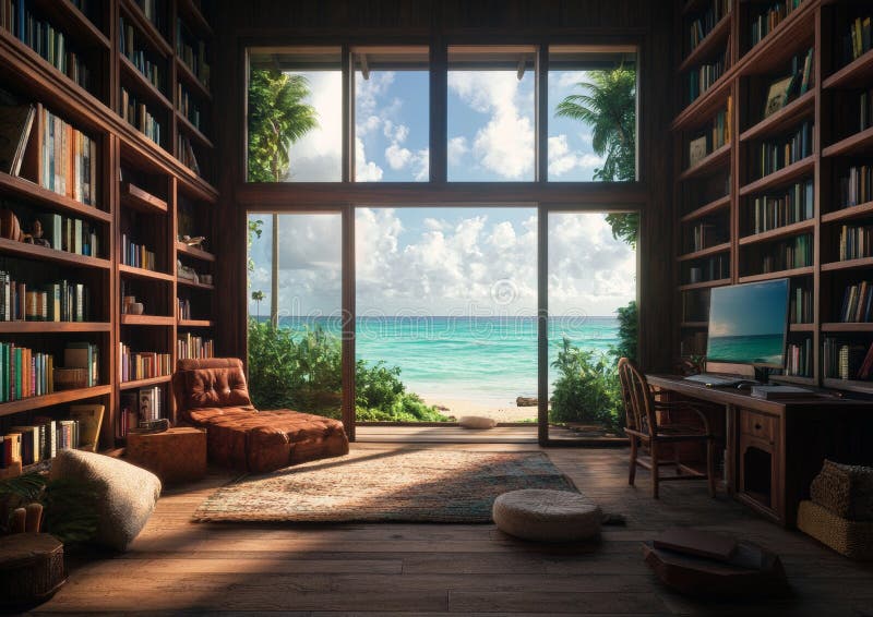 Enticing Home Office Library with a Wide View of Nature Illuminated by ...