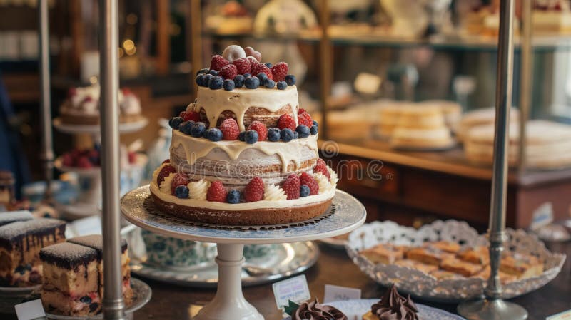 Enticing Multi-layered Berry Cake Sits Proudly on a Pedestal in a ...