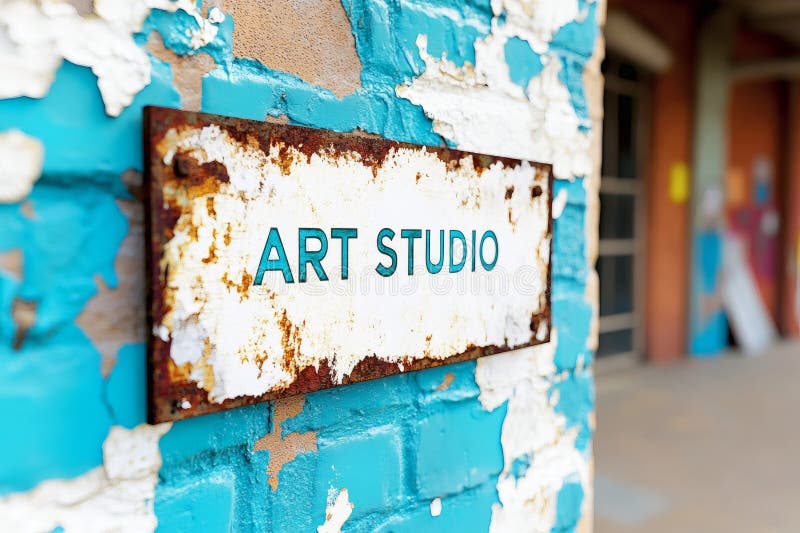 Entrance with Art Studio Sign on Blue Peeling Wall Stock Illustration ...