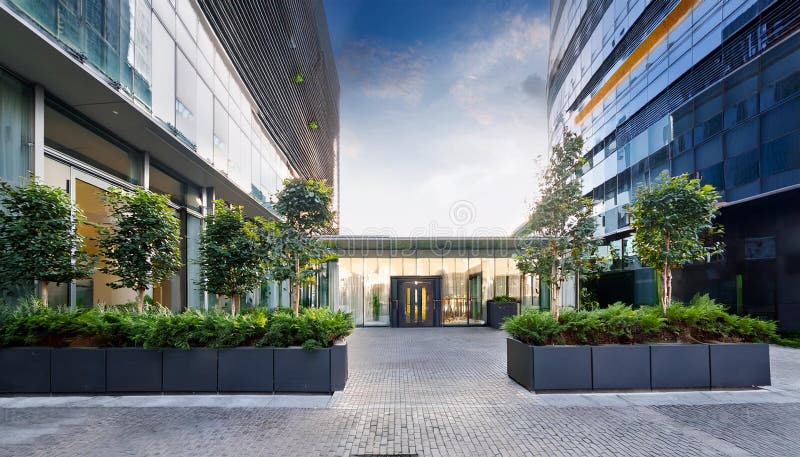 Entrance of Contemporary Office Building with Plants Stock Photo ...