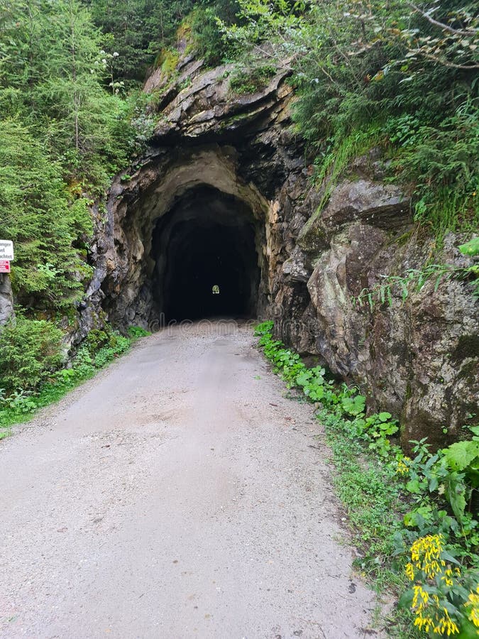 Entrance of a Dark Tunnel through a Rock Stock Photo - Image of green ...