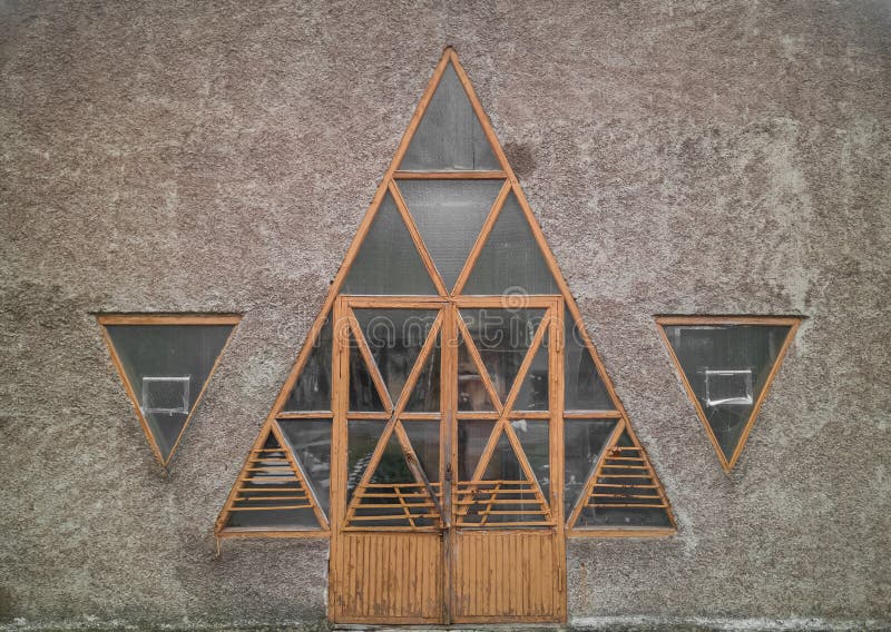 Entrance Group in Modernism Architectural Style with Triangular Wooden ...