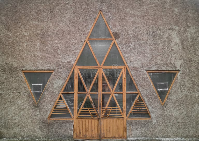 Entrance Group in Modernism Architectural Style with Triangular Wooden ...