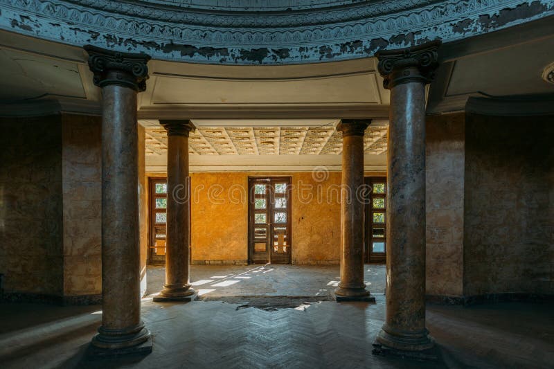 Entrance Hall with Columns in Old Abandoned Mansion Stock Image - Image ...
