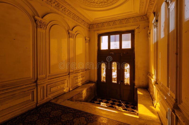 Entrance Hall in Old Mansion at Night Stock Image - Image of historical ...