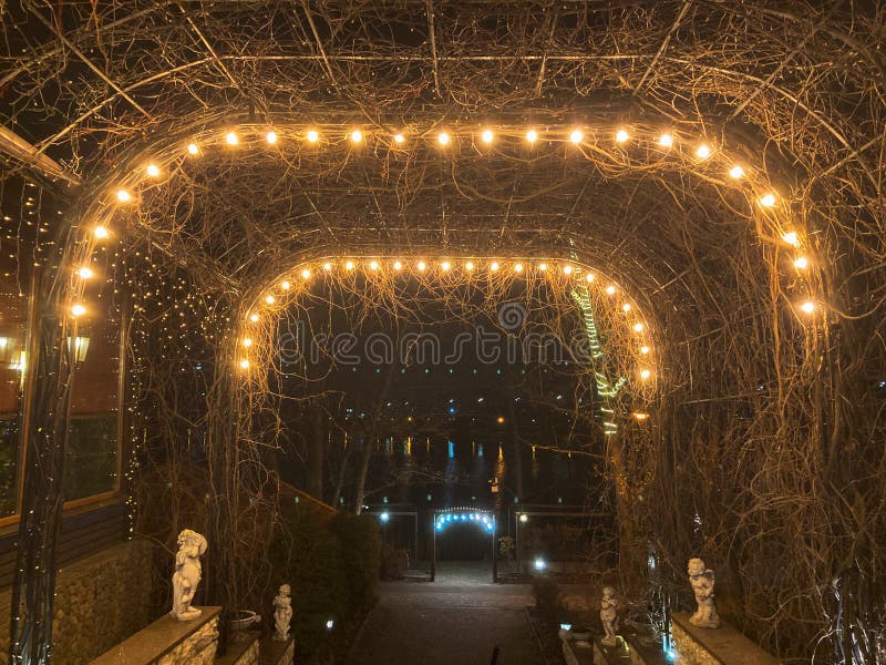 An Entrance To a Building Decorated with Branch-like Structures, Lit by ...