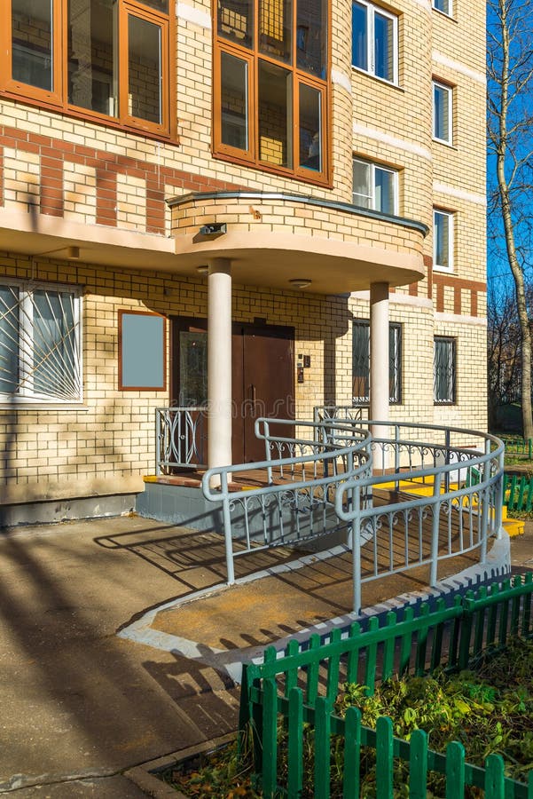 Entrance To Modern High-rise Building Made of Bricks. Stock Photo ...