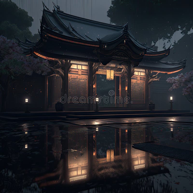 Entrance To Buddhist Temple in Japan, Rainy Night in Spring with Sakura ... Entrance To Buddhist Temple in Japan, Rainy Night in Spring with Sakura ...