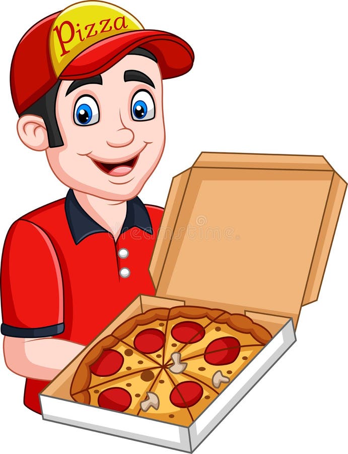 Entregador Da Pizza Que Guarda A Caixa De Cartão Aberta Com Pizza De