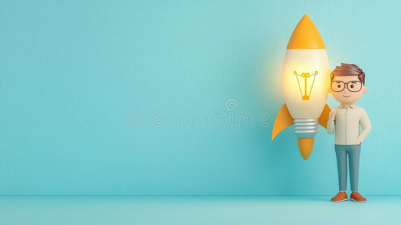 Entrepreneur Holding a Glowing Light Bulb Rocket, Poised for Success ...