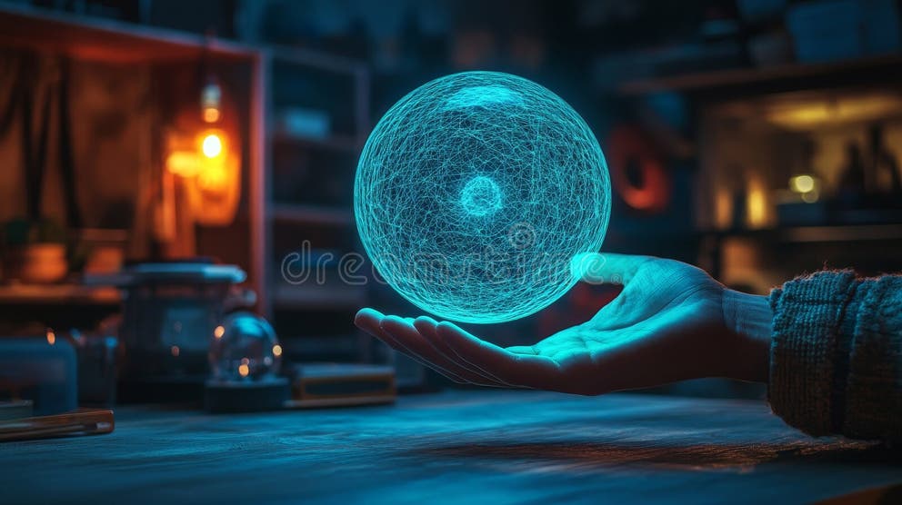 An Entrepreneur Holds a Luminous Sphere Composed of Wireframe and ...