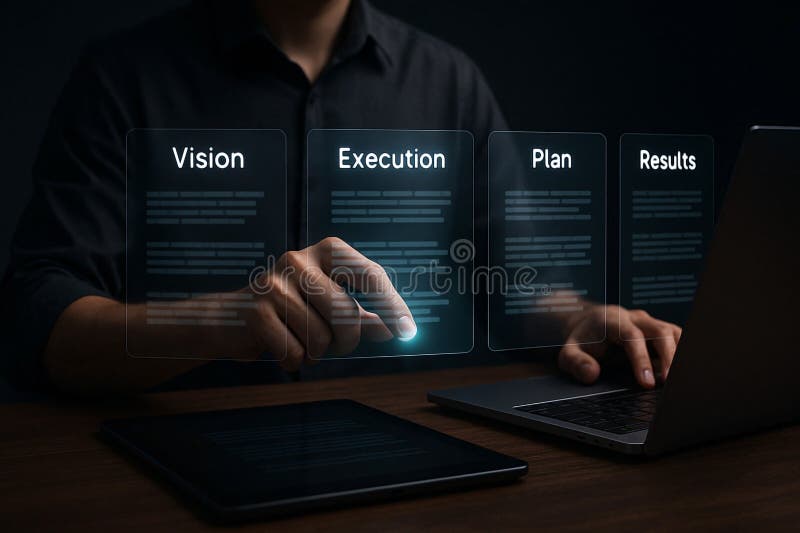 Entrepreneur Interacting with Digital Strategy Dashboard Showing Vision ...