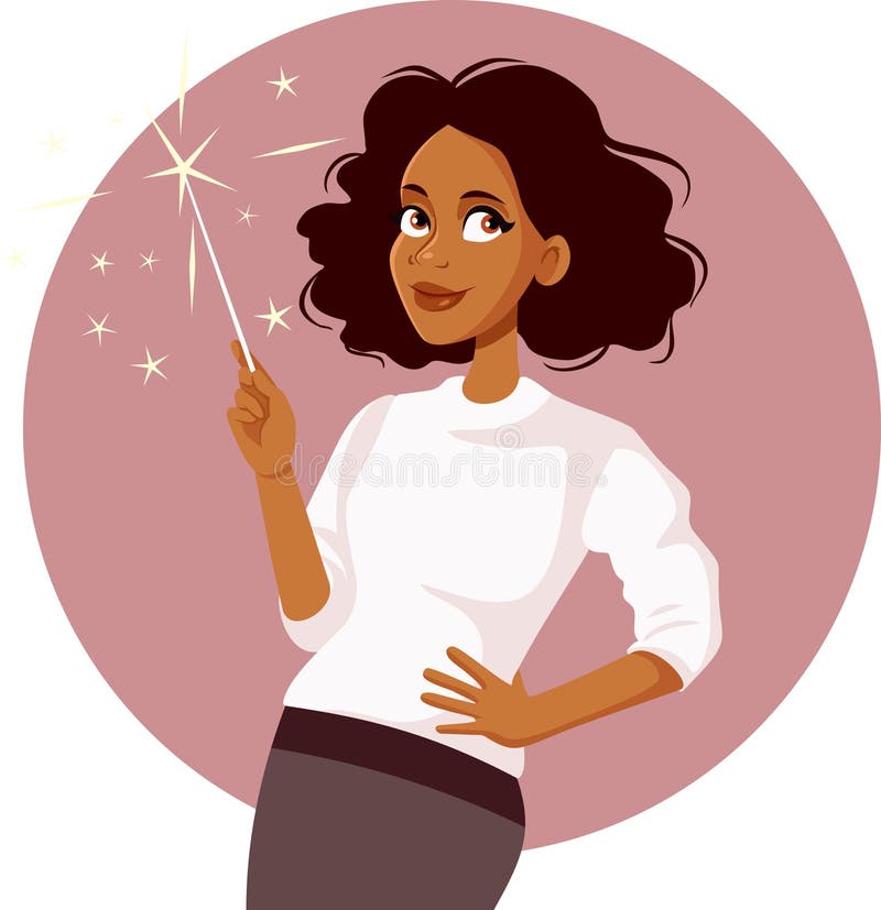 Happy Woman Holding a Magic Wand Vector Illustration Character Stock ...