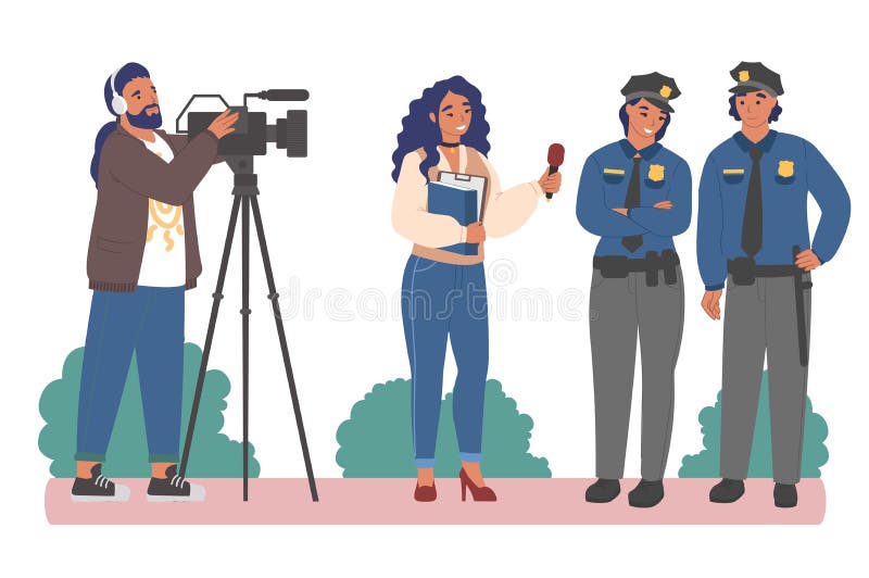 Entrevista Con Oficiales De Policía Periodista Mujer Entrevistando A