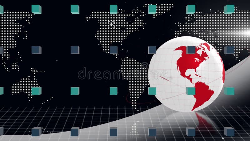 Upon Entry, 3D Red-white Globe Rotating while Cubes Shifting Against ...