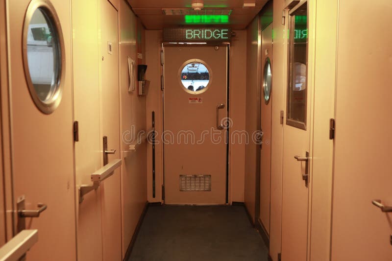 Entry Door of Ship Control Panel in Captain`s Bridge Stock Photo ...